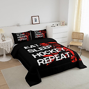 Hockey Comforter Twin for Kids Boys Teens,Black Red Grey Eat Sleep Hockey Bedding Set Warm,Ice Hockey Player Down Comforter Bedroom Decor,Graffiti Winter Sports Game Quilted Duvet with 1 Pillow Sham