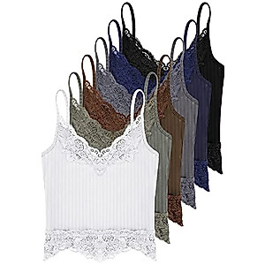 Newcotte 6 Pcs Lace Patchwork Tank Top Y2k Fairy Grunge Lace Ribbed Knitted Crop Top for Girls Women(X-Large,Classic Color)