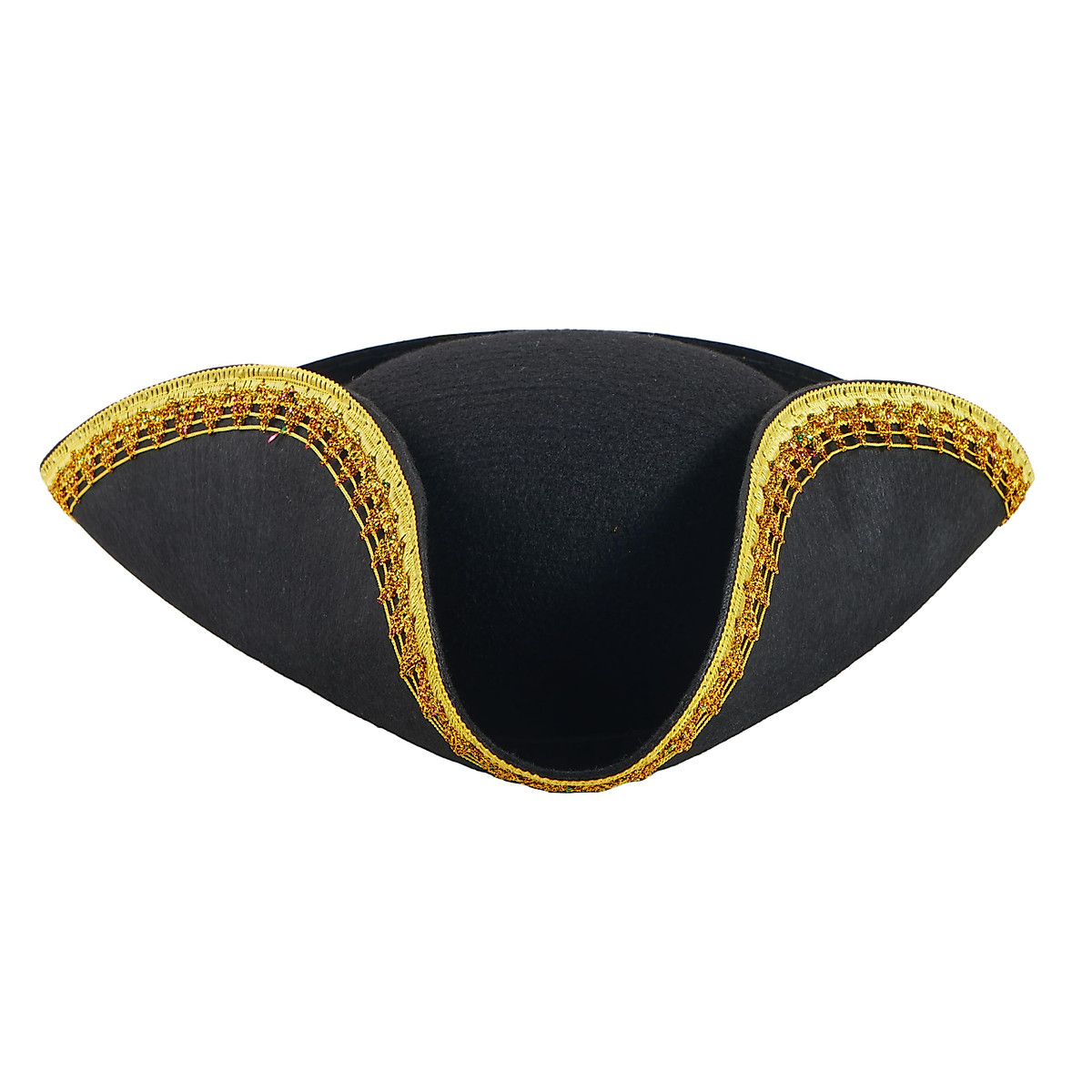 Spooktacular Creations Black Pirate Hat, Colonial Tricorn Hat with Gold Trimming for Adults, Halloween Renaissance Costume Accessory for Revolutionary War RolePlay Party