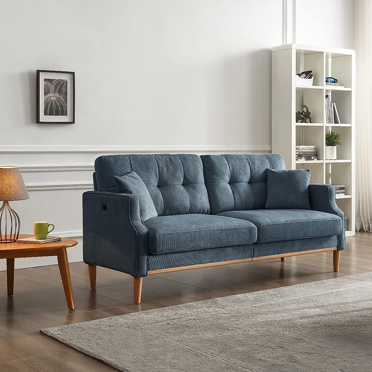 ARCLIS 70" Blue Mid-Century Modern Loveseat with USB Charging Ports, Tufted Upholstered Couch with Solid Wood Leg for Small Space Apartment Office