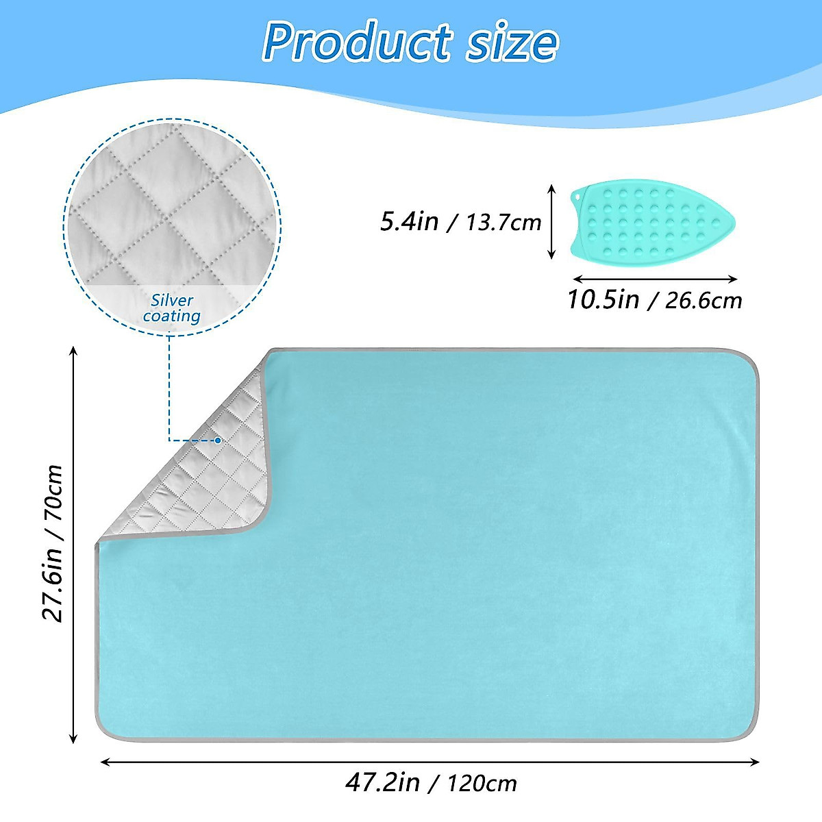 Kigai Plain Sky Blue Solid Color Ironing Mat - with 3mm Padding & Silicone Iron Rest, Quilting & Travel Portable Ironing Pad, Quilted Washer Dryer Heat Resistant Pad 47 X 27.6 Inch