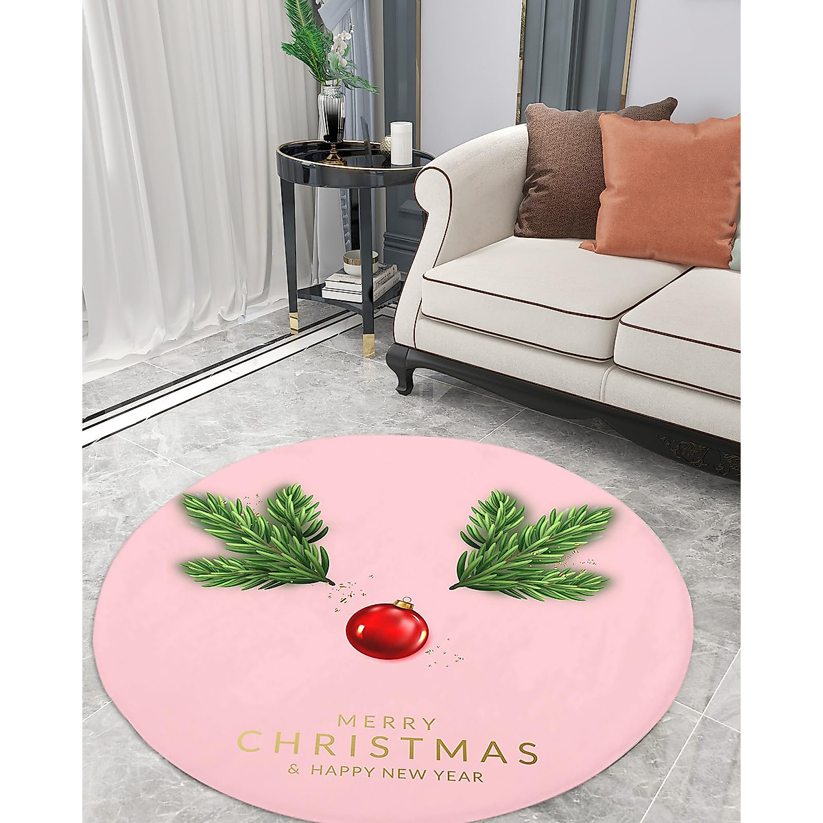 Blush Pink Christmas Fluffy Round Area Rug Carpets 4ft, Plush Shaggy Carpet Soft Circular Rugs, Non-Slip Fuzzy Accent Floor Mat for Living Room Bedroom Nursery Xmas Winter Pine Tree Leaf Green Gold