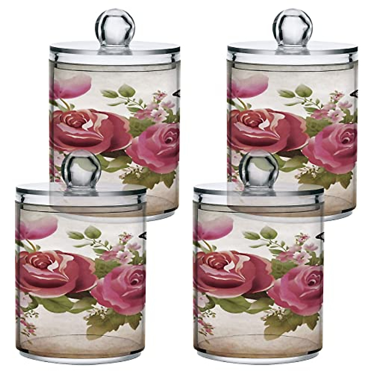 ALAZA Retro Rose Flower Butterfly 2 Pack Qtip Holder Dispenser with Lid 14 Oz Clear Plastic Apothecary Jar Containers Jars Bathroom for Cotton Swab, Ball, Pads, Floss, Vanity Makeup Organizer
