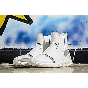 Soulsfeng High Top Sneakers Reflective Shoes Leather Splicing Lightweight Non Slip Walking Shoes White Women Size 9.5 Men Size 8