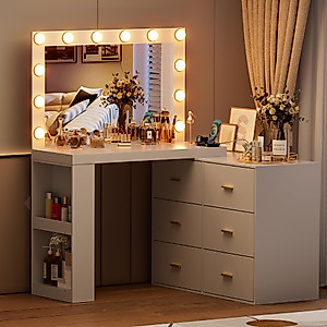 PakaLife Makeup Vanity with Mirror and 3-Color Lights, Vanity Desk Dressing Table with Charging Station,6 Drawers,Side 2 Storage Shelves for Bedroom,White