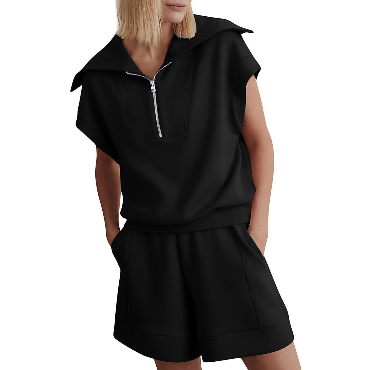 Zwurew Sweat Suits for Women 2 Piece Sets Summer Spring 2024 Short Sleeve Lounge Outfits with Shorts Black S