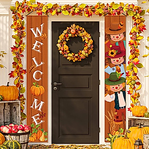 AnyDesign Scarecrow Welcome Hanging Banner Fall Thanksgiving Autumn Harvest Porch Sign Cute Cartoon Scarecrow Front Door Sign for Indoor Outdoor Home Wall Decoration, 12 x 72 Inch