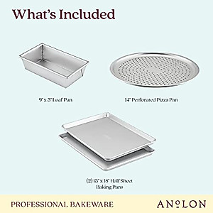 Anolon Pro-Bake Aluminized Steel Bakeware Set, Includes Cookie Pans, Loaf and Pizza Pan, 4 Piece - Silver