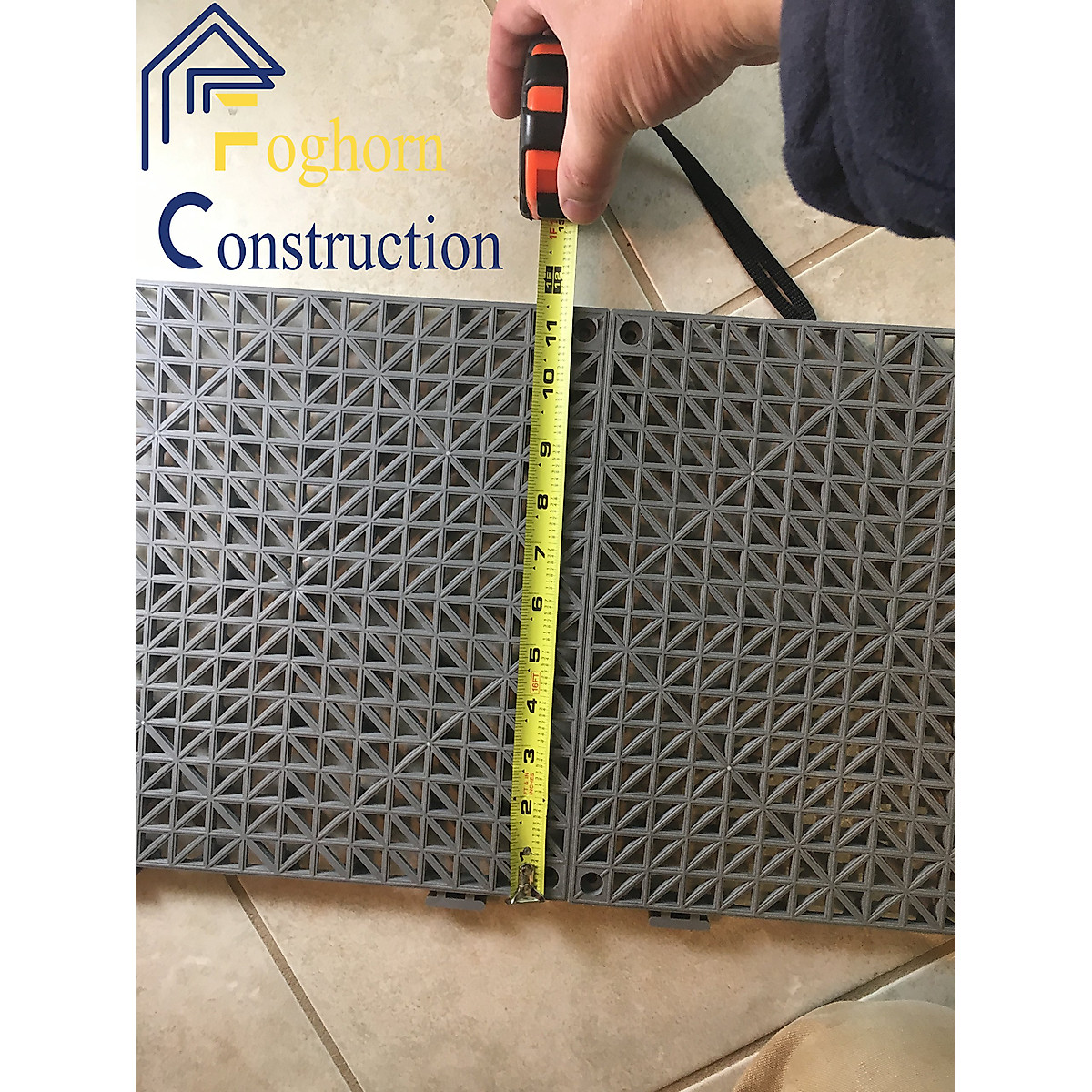 Set of 9 Interlocking Gray Rubber Floor Tiles- 11.5 inches Each Side - Non-Slip Tread - Wet Areas Like Pool Shower Locker-Room Bathroom Deck Patio Garage Boat. Can be Cut to fit- Foghorn Construction