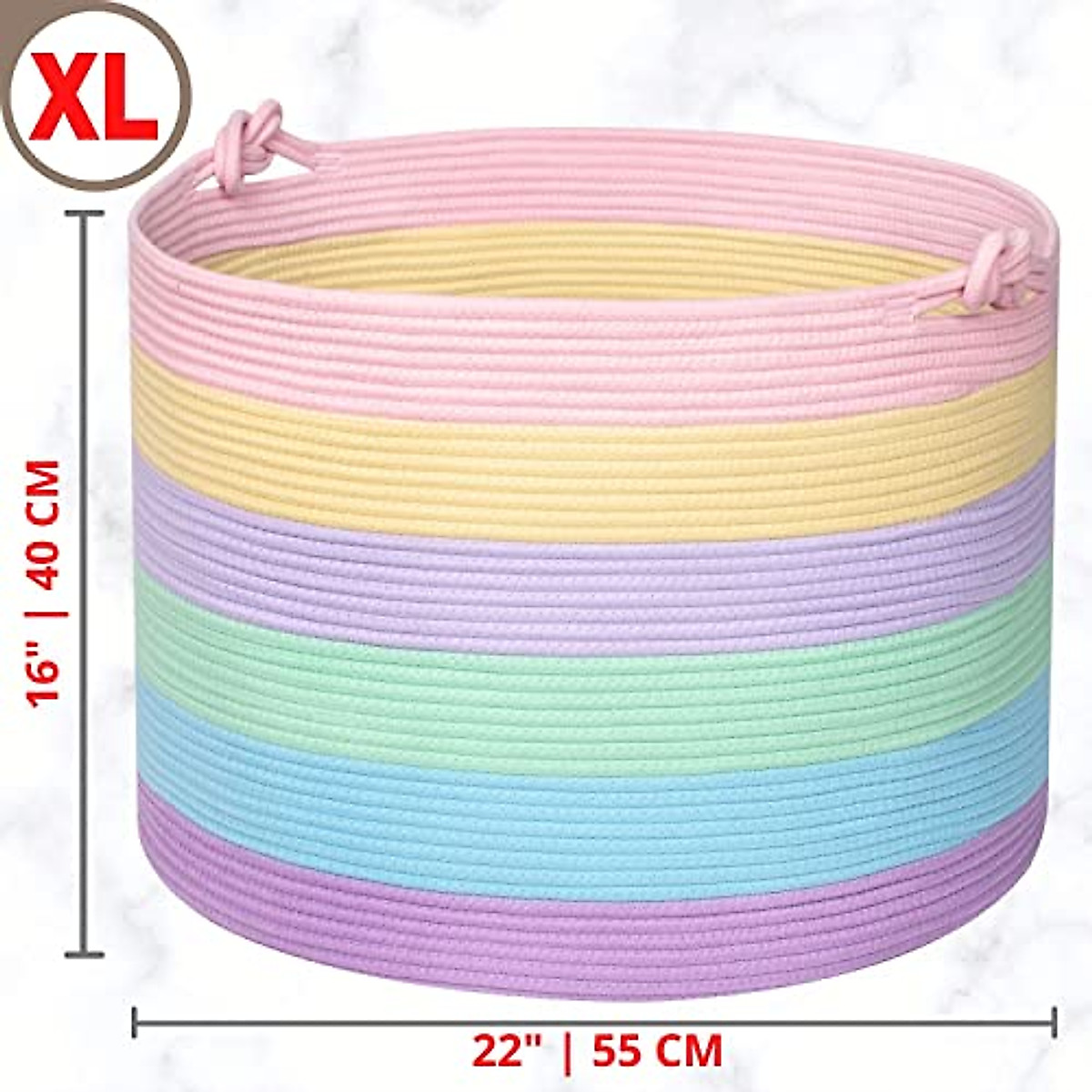 MINTWOOD Design XXXXLarge 22 x 16 Inches Decorative Cotton Rope Basket, Blanket Basket Living Room, Laundry Basket, Woven Basket, Toy Storage Baskets Bin, Round Pillows Towels Basket, Pastel Rainbow