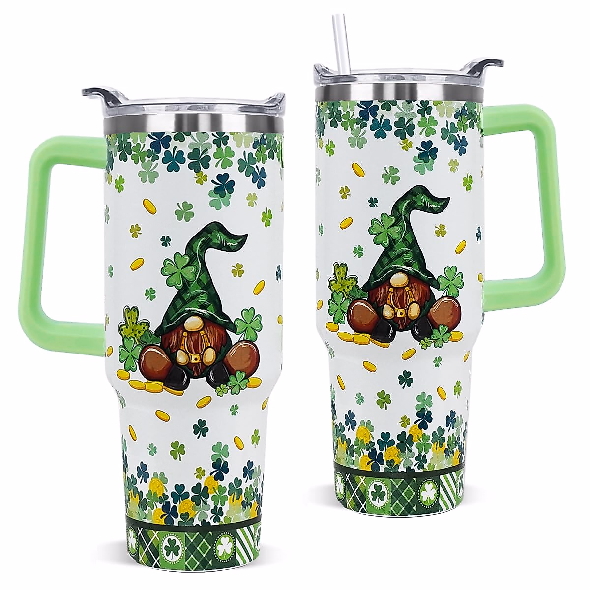 Nqhsionv St Patricks Day Tumbler with Handle 40 oz Lucky Gnomes Shamrock Coffee Travel Mug Stainless Steel Insulated Cup Irish Saint Patricks Decor Gifts