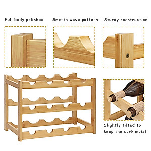 BAMEOS Bamboo Wine Rack, 3 Tier Natural Wine Rack Freestanding Floor Display Storage Shelf countertop Wine Holder for Kitchen, Bar, Pantry, Wine Cellar, Basement,Study，Maroon (16.85 L x 9.25W x 12H)