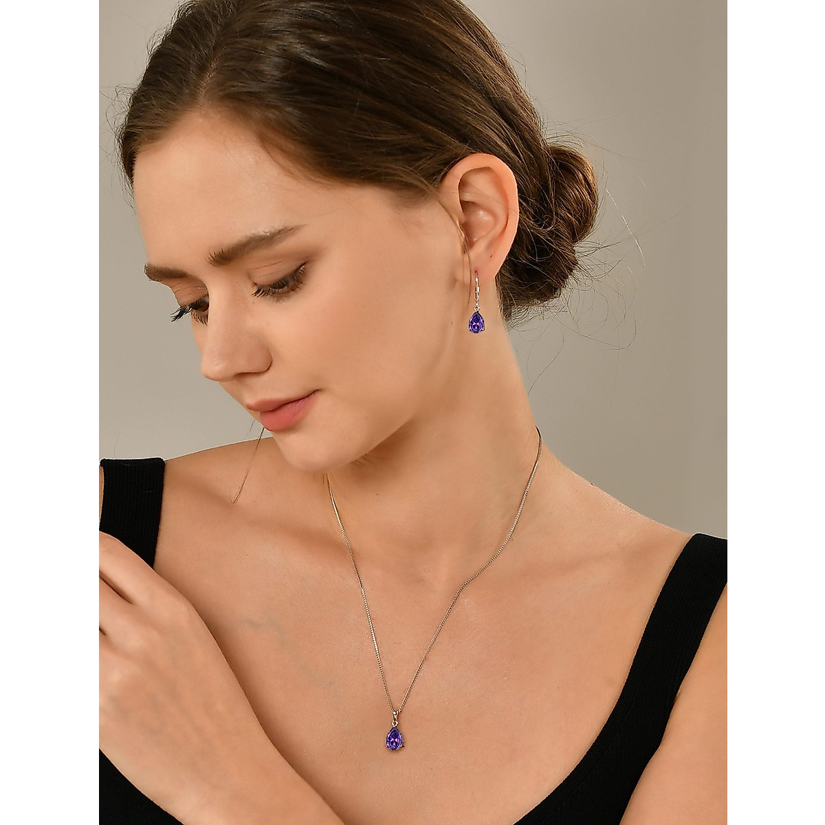 YL Dangle Drop Earrings Sterling Silver Solitaire Leverback Earring 7x10 MM Teardrop Created Amethyst Jewelry for Women