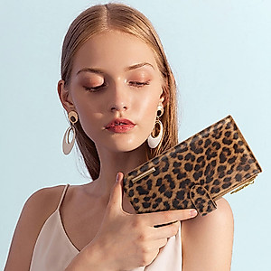 Coco Rossi Womens RFID Blocking Glitter Leather Multi Card Organizer Bifold Black Wallet with Zipper Pocket,Leopard