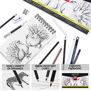 MARTCOLOR Drawing Sketching Pencils Set, 34 Pieces Pro Art Pencil Kit - Graphite Pencils (14B-4H), Charcoal Pencils, Charcoal Sticks, Artist Pencils for Beginners & Pro Artists