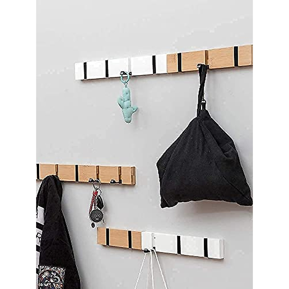 KYSMOTIC Coat Rack Wall Mounted, Modern Coat Hooks Wall Mounted with Folding Hooks, Space-Saving Coat Hanger for Coats, Purses, Key – Wooden 4 Hooks
