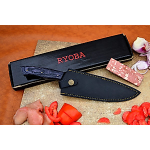 RYOBA Chef Knife 8 inch Kitchen Knife Ultra Sharp High Carbon Stainless steel Japanese chef knife with Finger Guard-Titanium Plated Black Chef Knife WITH Sheath and Sharpener in Gift Box