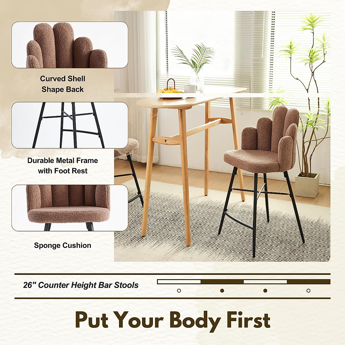 RHYNZEE 26 inch Bar Stools Set of 2, Boucle Fabric Modern Counter Height Bar Stools with Back and Black Metal Legs, Sherpa Upholstered Kitchen Island Chair for Home Kitchen Bistro Coffee Shop (Brown)