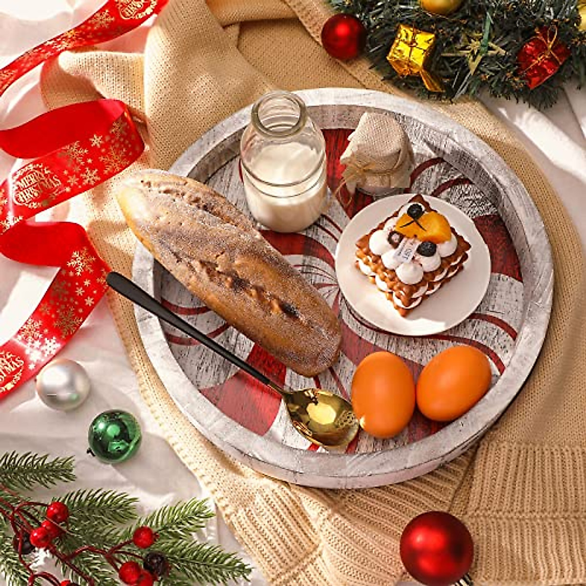 Spiareal Christmas Wood Round Tray Table Decorative Serving with Handles Rustic Coffee Candy Wooden Trays Farmhouse Decor for Birthday Party Tea Supplies(Candy Style)
