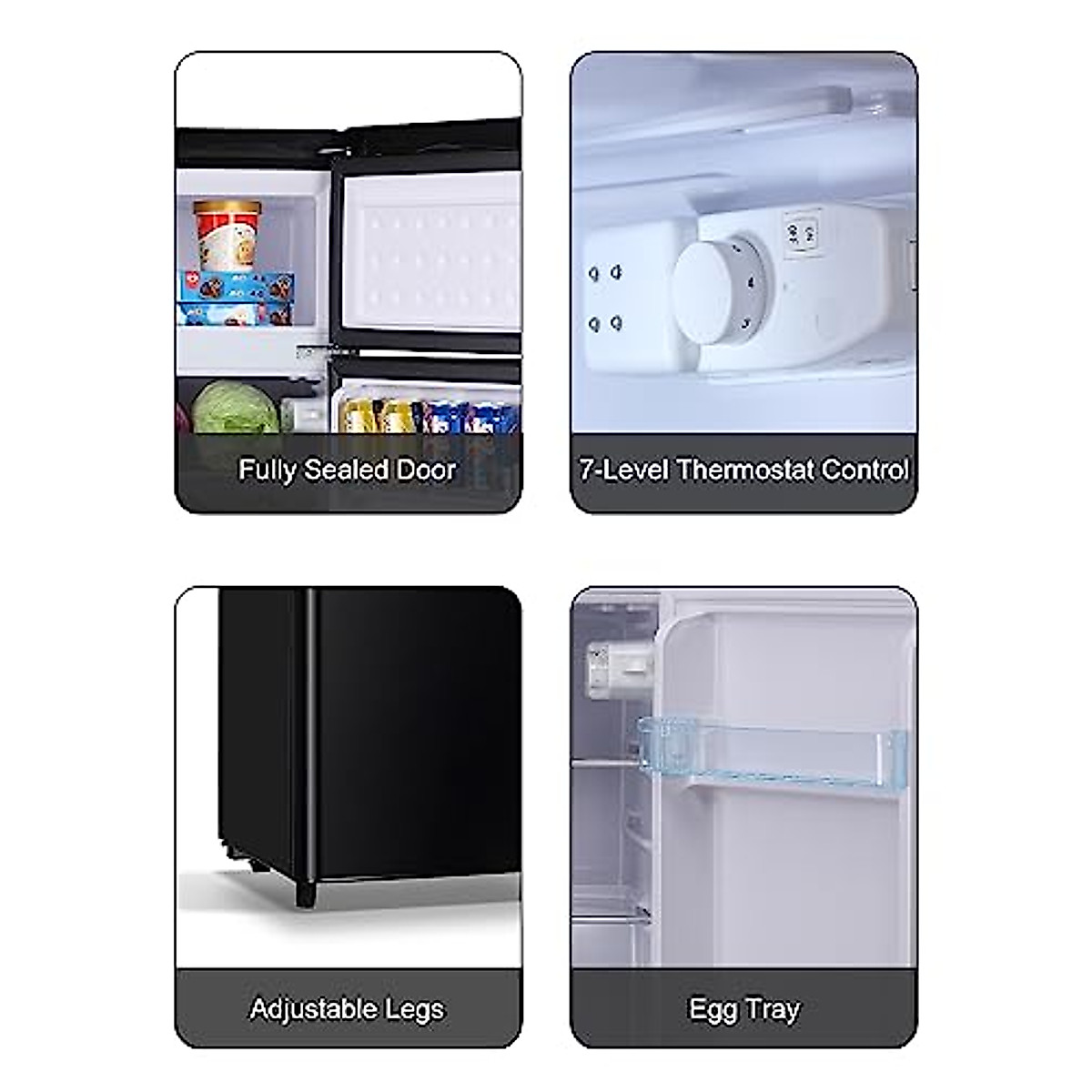 WANAI Compact Refrigerator 3.2 Cu.Ft Retro Mini Fridge With Freezer 2 Door Mini Refrigerator with 7 TEMP Modes, Removable Shelves, LED Lights, Ideal for Apartment Camper Dorm and Office, Black