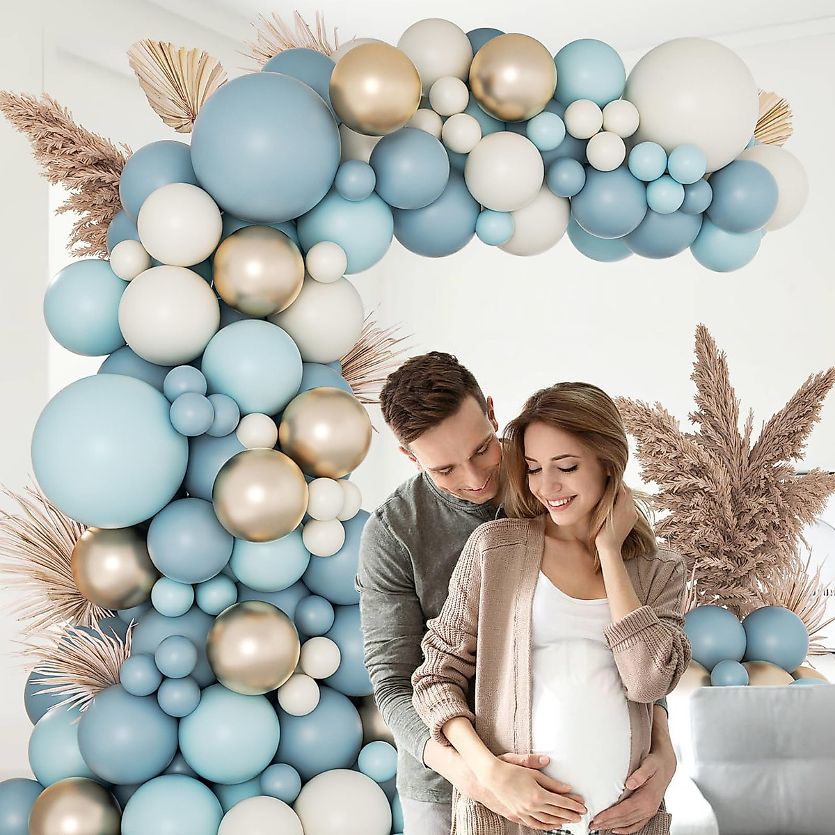 138Pcs Dusty Blue Balloons Arch Garland Kit, Dusty Baby Blue Sand White Metallic Gold Balloons for Bridal Shower Gender Reveal Birthday Baby Shower Decorations