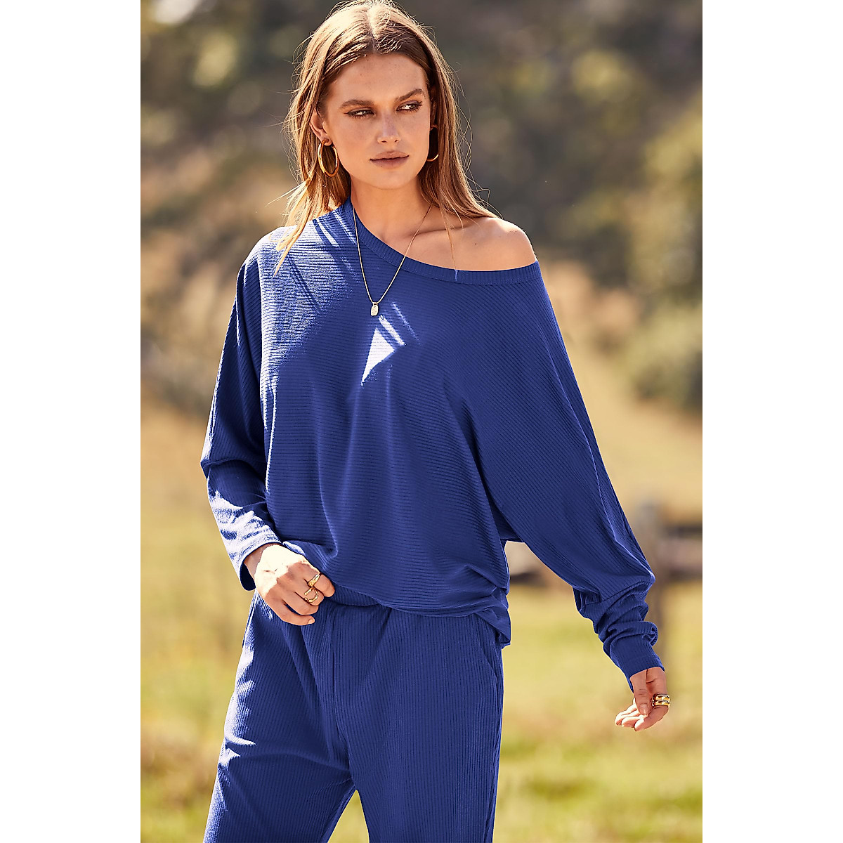 PRETTYGARDEN Women's 2024 Fall Fashion Outfits 2 Piece Sweatsuit Solid Color Long Sleeve Pullover Long Pants (Blue,Medium)