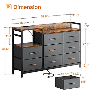 ODK Dresser with Charging Station, 52-Inch Long Dresser for Bedroom with 8 Storage Drawers, Fabric Dressers Chests of Drawers with Sturdy Steel Frame and Wooden Top, Vintage and Dark Grey