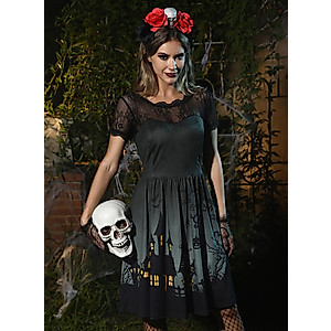 Women's Halloween Lace Sleeves Party Witch Costume Swing Pumpkin Vintage Dress Dark Night L