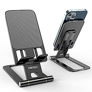MEISO Cell Phone Stand, Fully Foldable Phone Holder for Desk, Desktop Mobile Phone Cradle Dock Compatible with iPhone, Samsung Galaxy, iPad Mini, Tablets Up to 10” (Black)