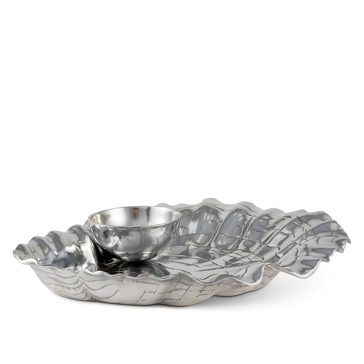 Arthur Court Aluminum Metal Oyster Chip Bowl with Pearl Dip Bowl - Formal and Everyday Coastal décor 15 inch x 13.5 inch