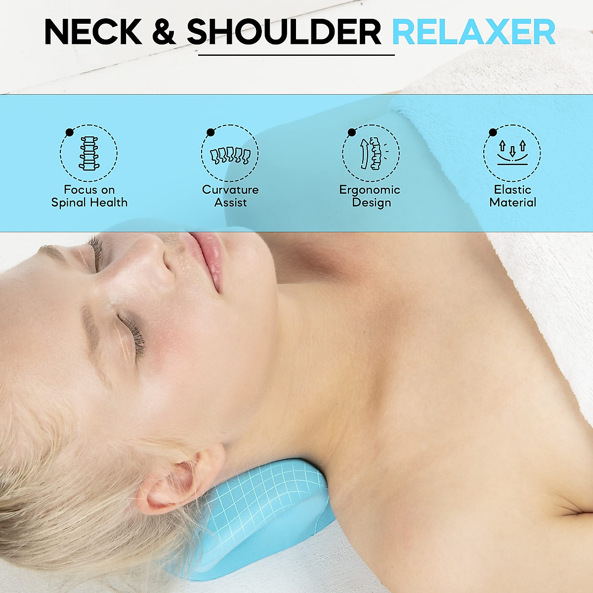 Neck Stretcher Cervical Traction, FSA HSA Eligible, Neck and Shoulder Relaxer for Pain Relief, Ergonomic Neck Pillow, Neck Hump Corrector, Cervical Spine Alignment, Neck Curve Corrector (Light Blue)