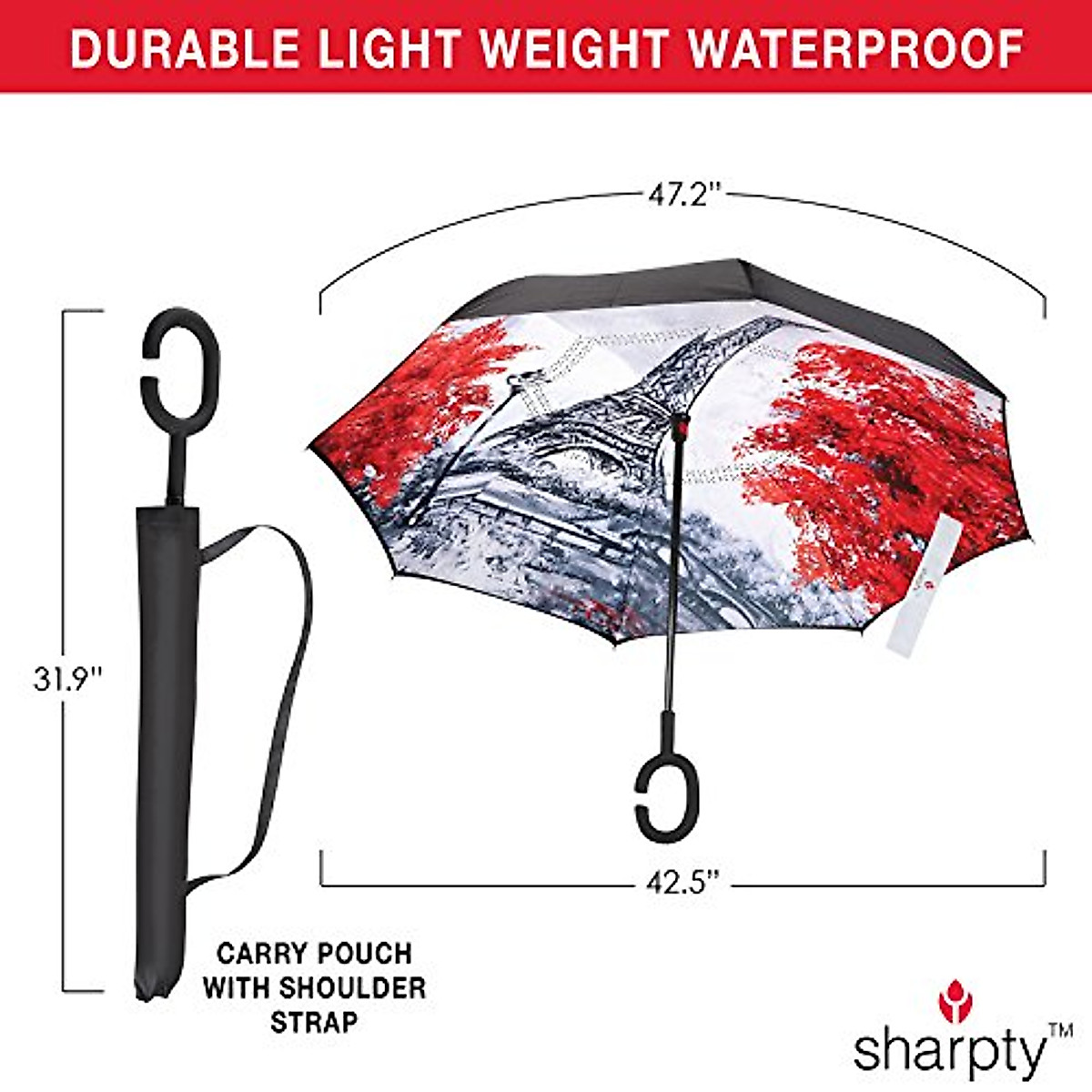 Sharpty Inverted Umbrella for Women - Windproof & Reverse - Easy to Open and Close - Upside Down & C-Shaped Handle - Rain & Wind Resistant - For Travel - Eiffel Tower