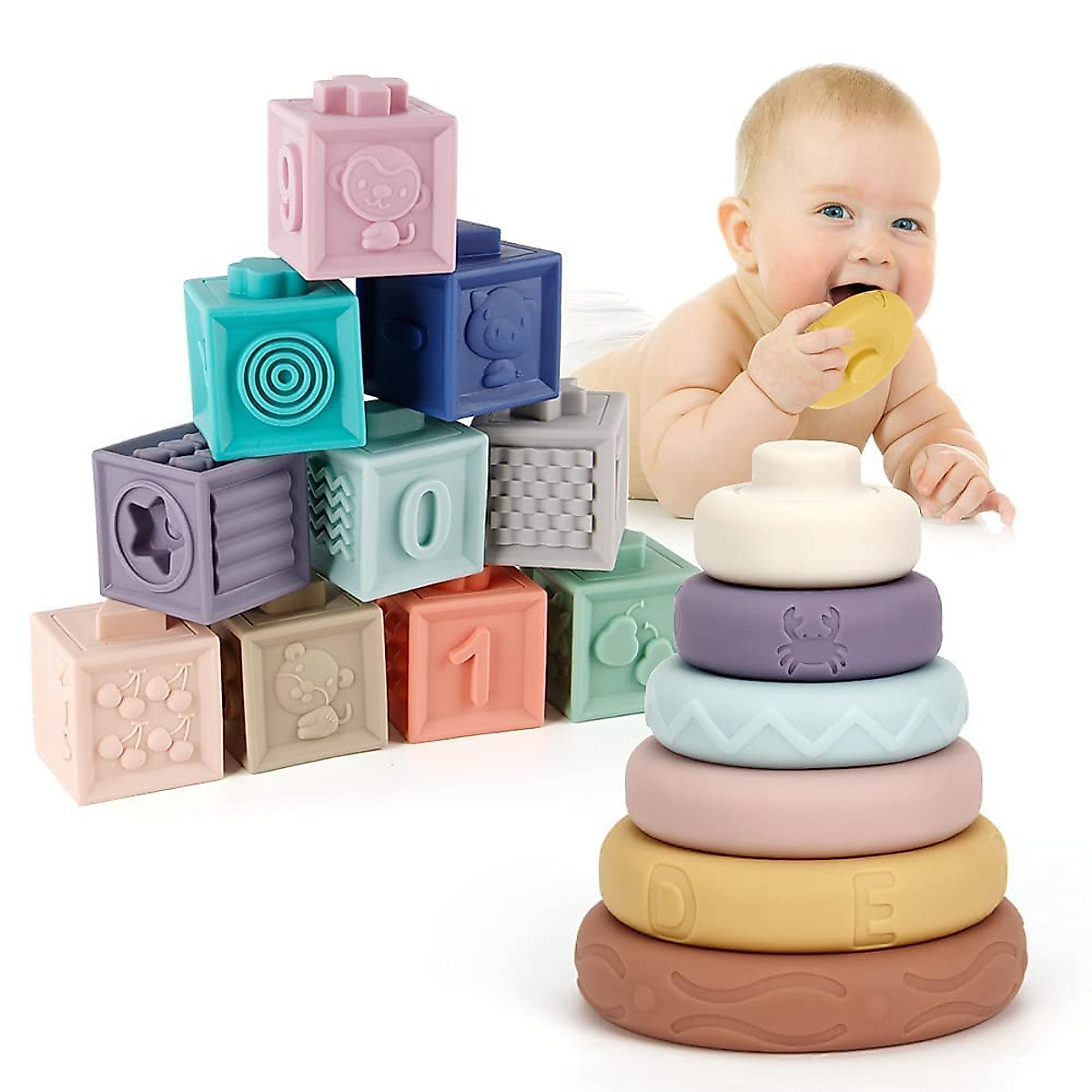 Mini Tudou Baby Blocks & Stacking Circles Toy Set, Baby Sensory Building & Teething Toys Educational Squeeze Play with Animals Shapes Textures Numbers, Best for Toddlers Babies 6m+