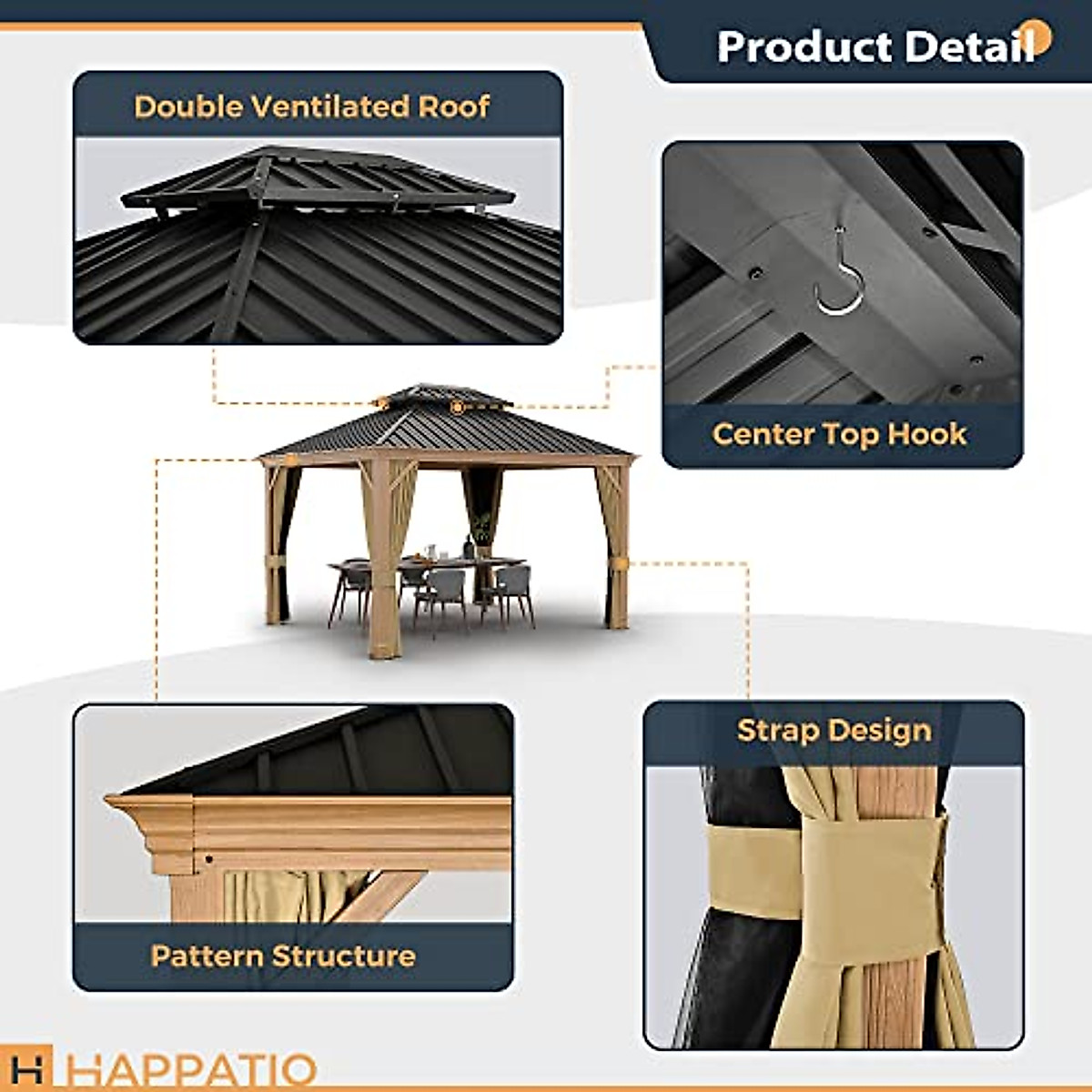 HAPPATIO 10' x 12' Hardtop Gazebo, Outdoor Wood Grain Frame Aluminum Gazebo, Double Roof Permanent Patio Gazebo Canopy with Netting and Curtains for Garden, Patio, Lawns, Parties (Beige)