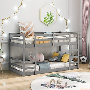 Twin Over Twin Low Bunk Bed, Solid Wood Floor Bunk Bed with Ladder, for Toddlers Kids Boys Girls (Gray)