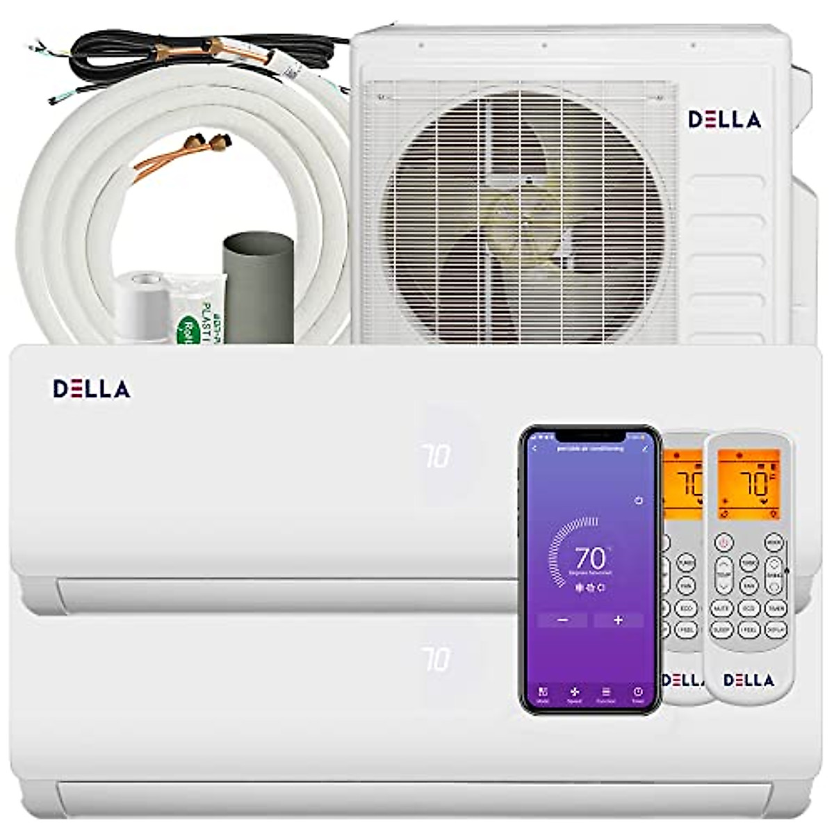 DELLA 27K BTU ODU 2 Zone 12000 12000 BTU 19 SEER 208-230V Cools Up to 1100 Sq.Ft Wifi Energy Saving Multi Zone Ductless Pre-Charged Mini Split Air Conditioner Heat Pump Full Set 16ft Installation Kits