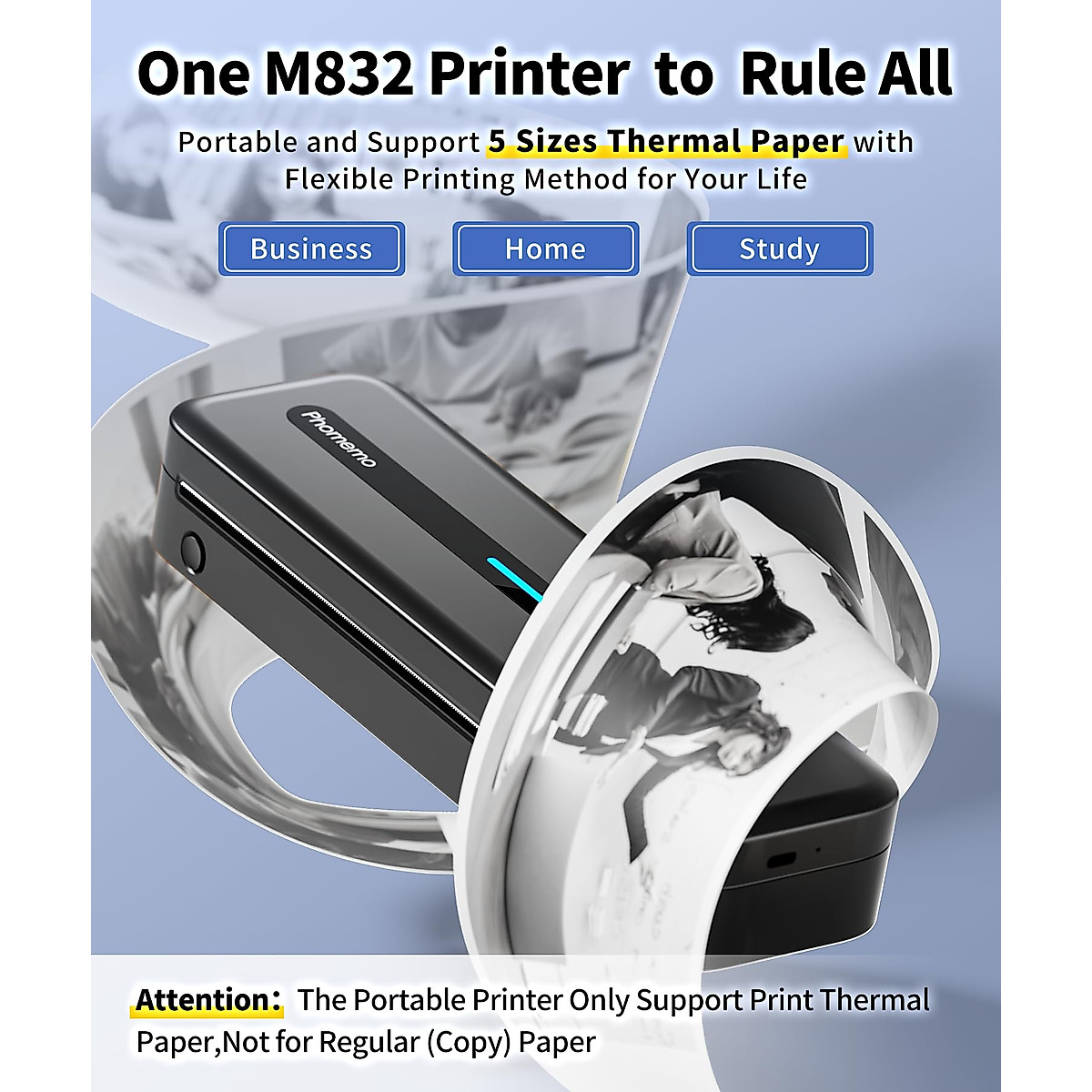 Phomemo Portable Printer,[Upgrade] M832 Inkless Printer,Portable Printers Wireless for Travel,8.5''x 11''Thermal Printer Support Multi Sizes for Home,Office,Car,Compatible with Phone &Laptop