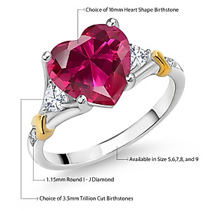 Gem Stone King 925 Sterling Silver and 10K Yellow Gold Customized and Personalized 10MM Heart Shape and 3.5MM Trillion Cut Gemstone Birthstone and White Diamond 3-Stone Ring For Women (Size 7)