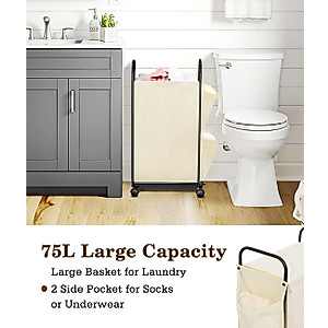 Luxspire 75L Slim Laundry Hamper with Wheels, Rolling Laundry Basket with Lid, Removable Clothes Hamper with Metal Frame, Narrow Laundry Hamper for Dorm, Bedroom, Nursery, Closet, Small, Beige