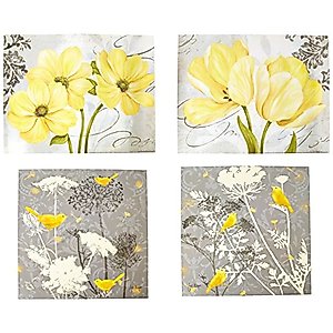 DEFLECTAIR Beautiful Grey & Yellow Poster Set; Birds and Flowers; Two 12x12in and Two 14x11in Unframed Poster Prints