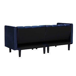 Lepfun Futon Bed Convertible Velvet, Modern Sleeper Sofa with 2 Pillows, 3 Adjustable Angles for Backrest,Living Room Couch with 7 Sturdy Metal Legs,Upholstered Loveseat for Home,Office,Navy Blue