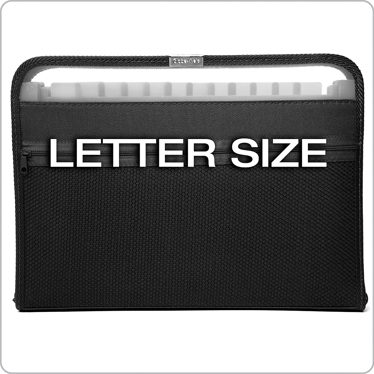 Globe-Weis Pendaflex 13-Pocket Fabric/Poly Expanding Zip File, A-Z, Monthly & Blank Adhesive Labels, Letter Size, Black Fabric Cover, Poly Dividers (84087BLK)