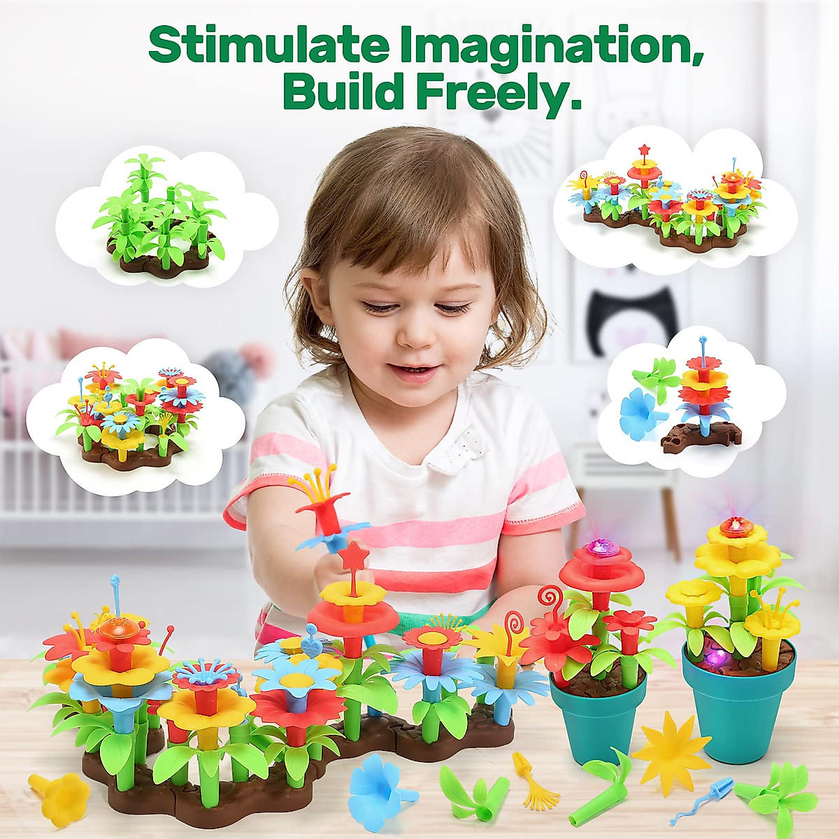 CUTE STONE Flower Garden Building Toys for Girls Age 3 4 5 6 7-Kids with Light & Music-Stacking Game for Toddlers Playset-Educational Activity STEM Toys Gifts,140PCS