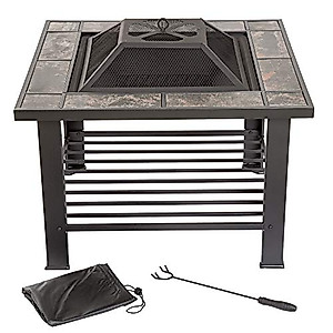 Pure Garden 588189TMQ 30" Fire Set, Wood Burning Pit-Includes Screen, Cover and Log Poker-for Outdoor and Patio, 30 inch Square Marble Tile Firepit, Black