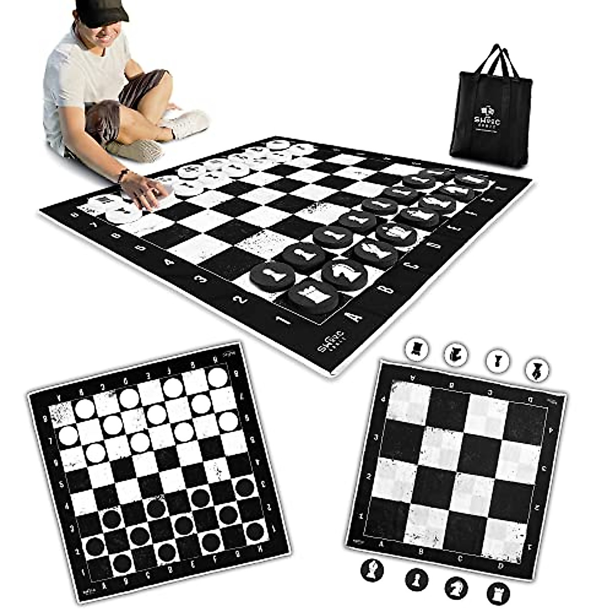 SWOOC Games - 3-in-1 Giant Checkers, Chess, & Chess Tac Toe Game with Mat (4ft x 4ft) - Machine-Washable Canvas & 5" Big Foam Discs - Giant Chess Set Outdoor & Checkers Board Game for Adults & Kids