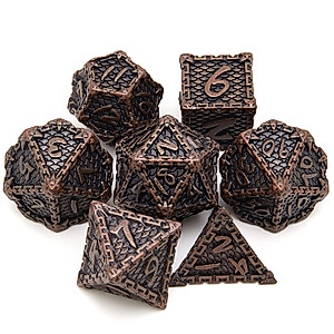 Tbrand Metal dice 7-Piece polyhedral Dragon Scale Metal dice Suitable for Dungeons and Dragons RPG dice(Patina), Red