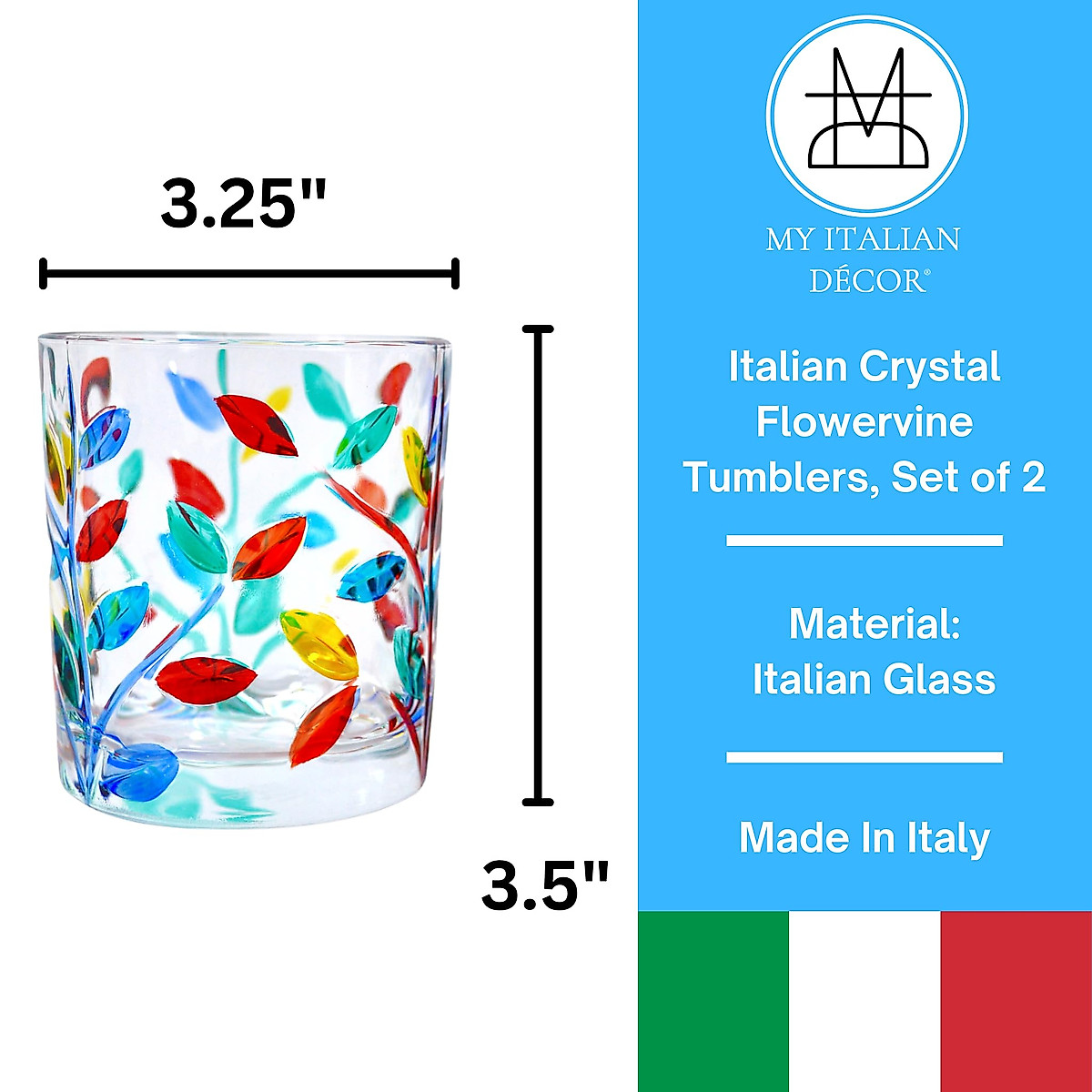 Italian Crystal Whiskey Glasses, 8 oz Glasses, Flowervine Design, Premium Scotch Glasses, Old Fashioned Drinking Glassware, Tumbler for Scotch, Cocktail, Liquor, Home Bar, (SET OF 2).