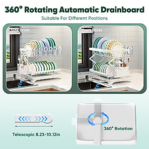 Dish Drying Rack Collapsible & Rustproof, 2 Tier Dish Rack with Drainboard, Wine Glass Holder & Utensil Holder, Dish Racks for Kitchen Counter, Dish Drainer, White