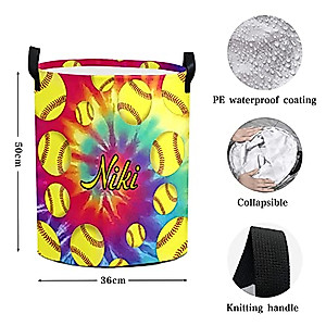 Tie Dye Softball Laundry Basket Personalized with Name Laundry Hamper with Handle Organizer Storage Bin Bedroom Decor for Boys Girls Adults