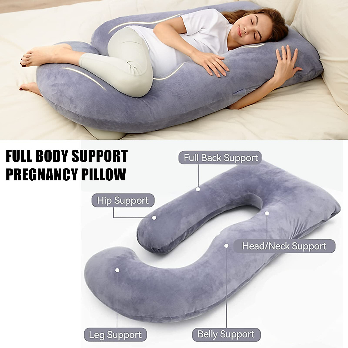 DEXBEXS Pregnancy Pillows, J Shaped Full Body Maternity Pillows witn Removable Cover, Support for Back, Legs, Belly, Hips, Pregnancy Pillows for Pregnant Women (Grey)